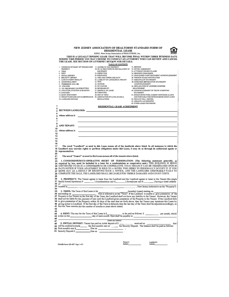 New Jersey Association of Realtors Residential Lease Agreement