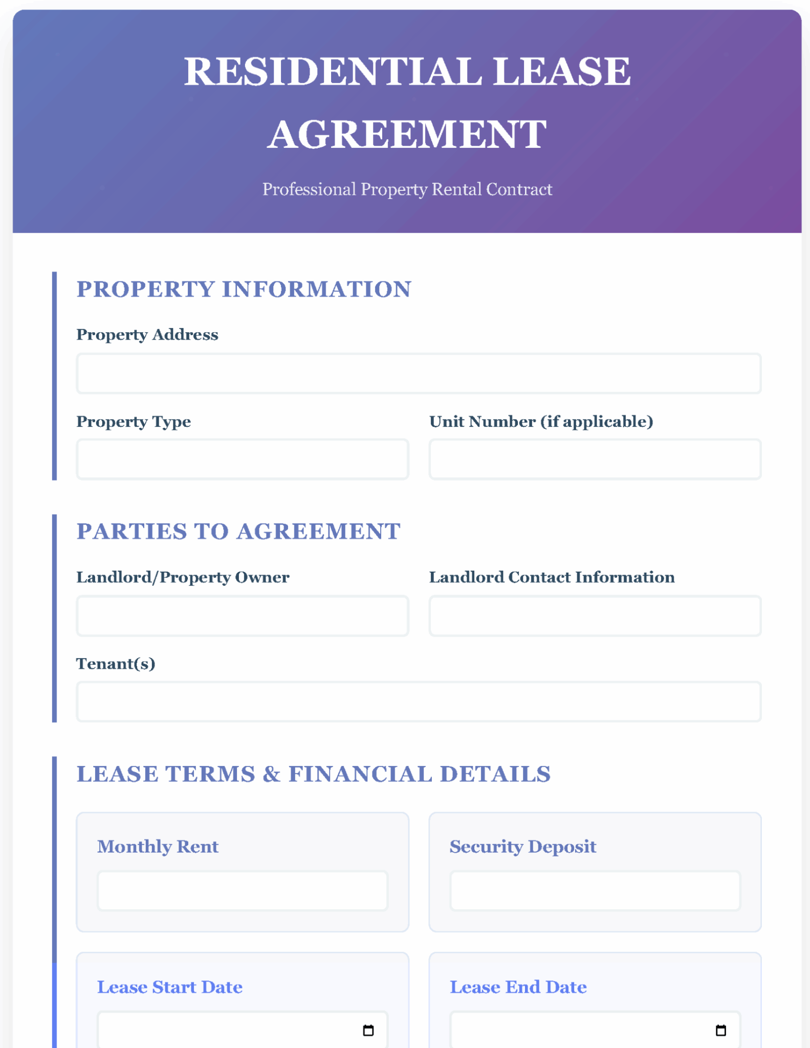 Professional Residential Lease Agreement Template for Homeowners
