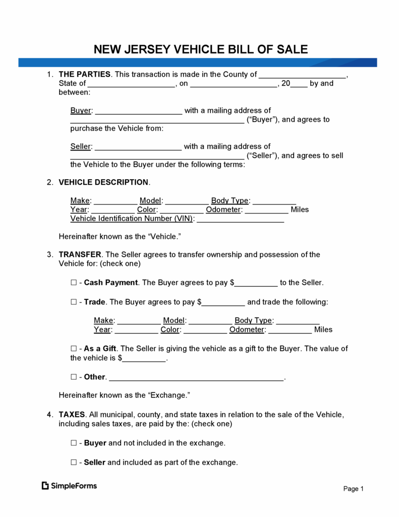 New Jersey Bill of Sale: Vehicle Ownership Transfer Guide