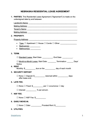 Nebraska Rental Lease - Simple Forms