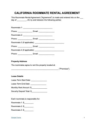 California Room Rental Lease Agreement Sample - Simple Forms