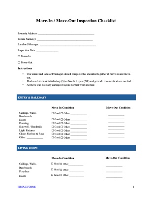 Move-In / Move-Out Checklist - Simple Forms PDF